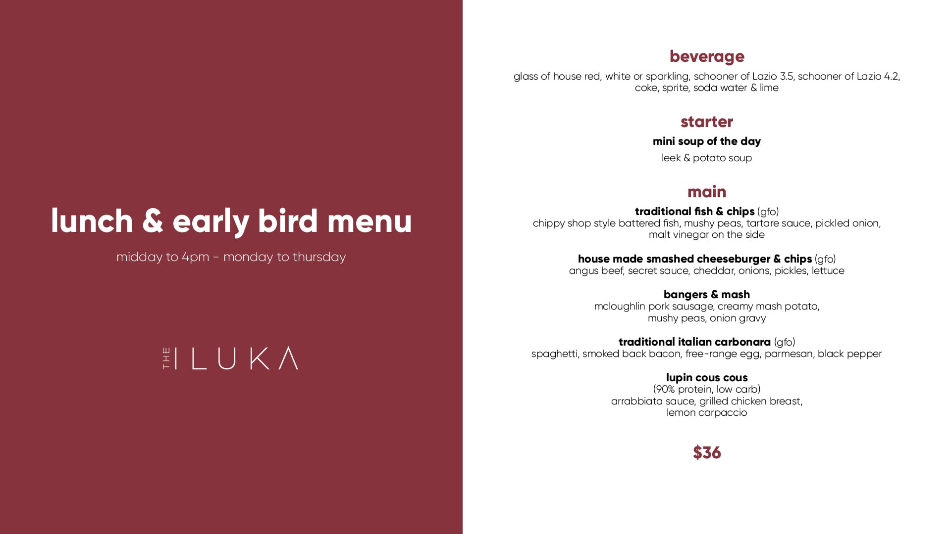 Lunch & Early Bird Menu at The Iluka | Darcy Hospitality